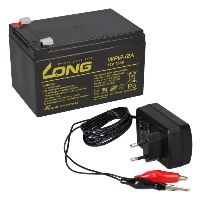 Bleiakku 12V 12Ah + Ladegerät 3A kompatibel 13Ah, 14Ah. 15Ah AGM Blei